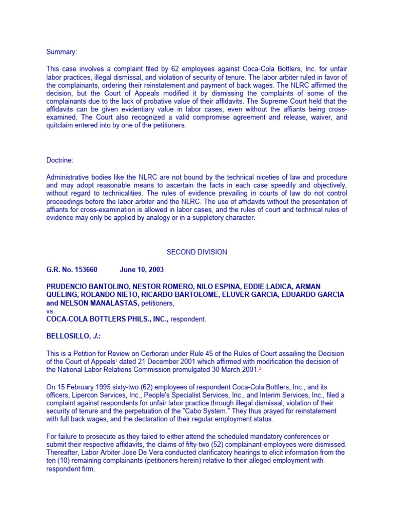 C Bantolino V Coca Cola Bottlers Phils Pdf Affidavit Evidence Law