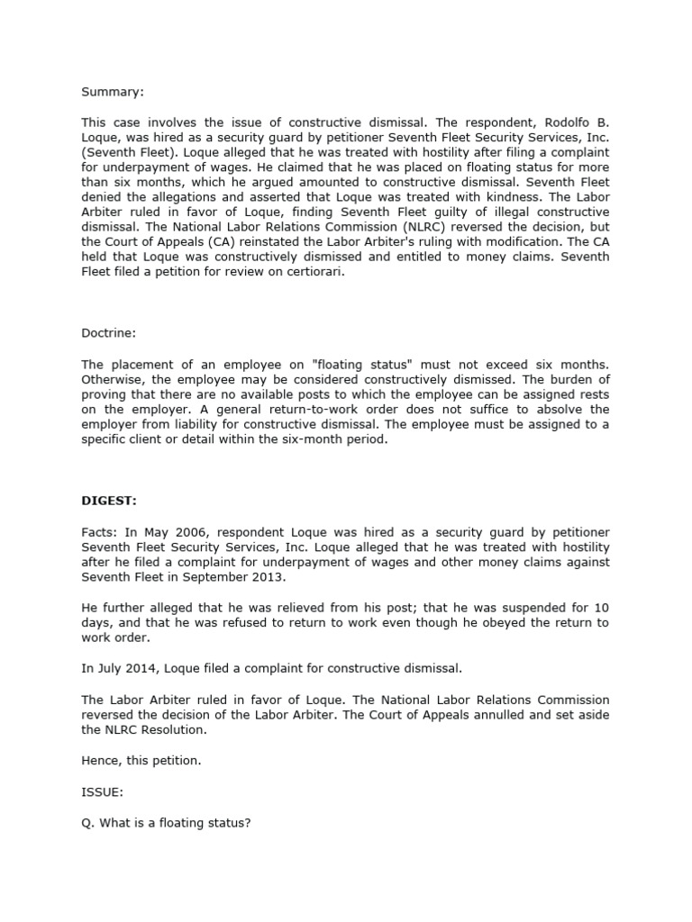 Constructive Dismissal Case: Loque vs. Seventh Fleet | PDF | Employment ...