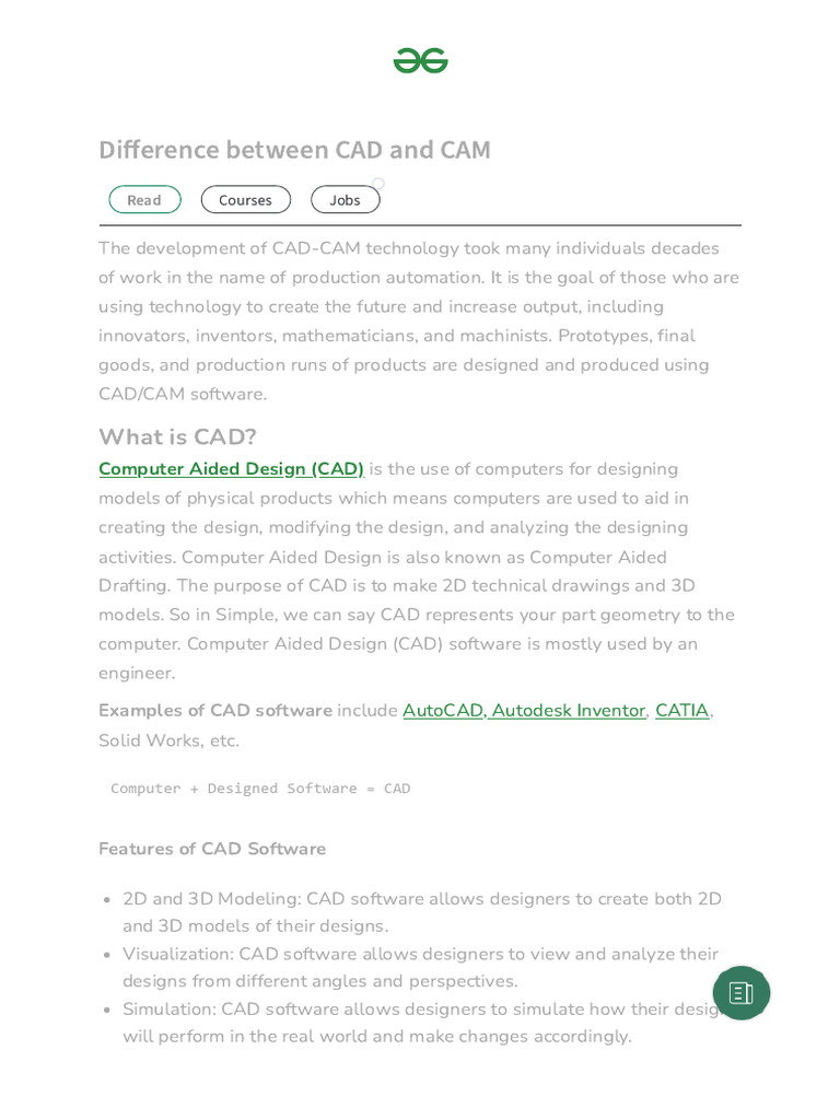 Difference between CAD and CAM - GeeksforGeeks | PDF | Computer Aided ... Difference between CAD and CAM - GeeksforGeeks | PDF | Computer Aided ...