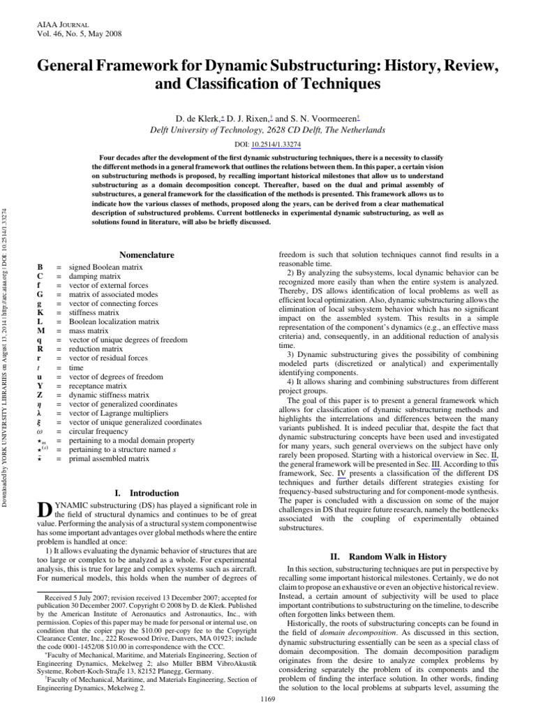 424 General Framework for Dynamic Substructuring History Review and Classification of Techniques ...