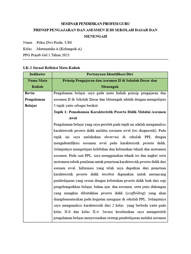Refleksi Pembelajaran PPA 2 Poksi Dwi Prada Fix | PDF
