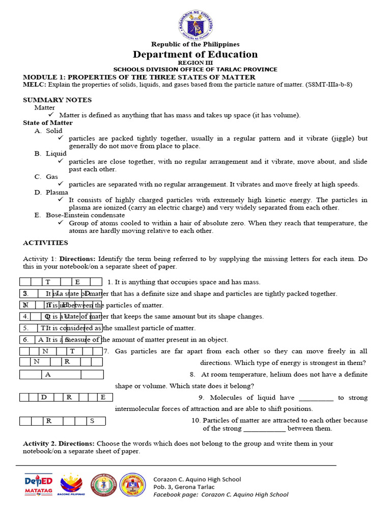 G8 LAS 3rdQ | PDF | Atoms | Matter