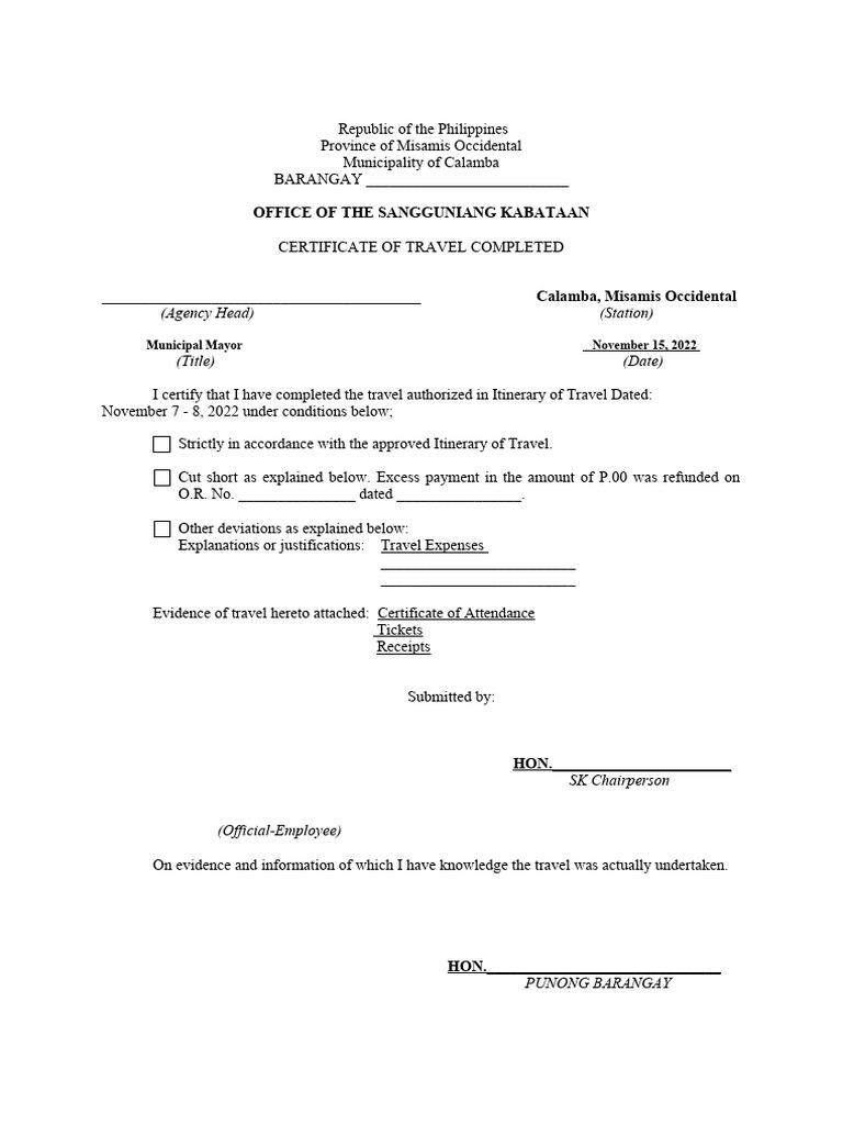 Certificate of Travel Completed 2024 | PDF