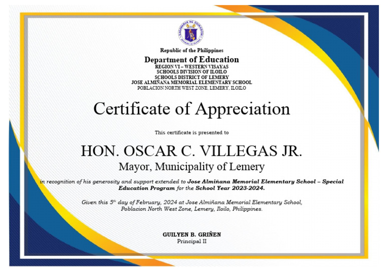 Certificate of Appreciation for Mayor Villegas | PDF