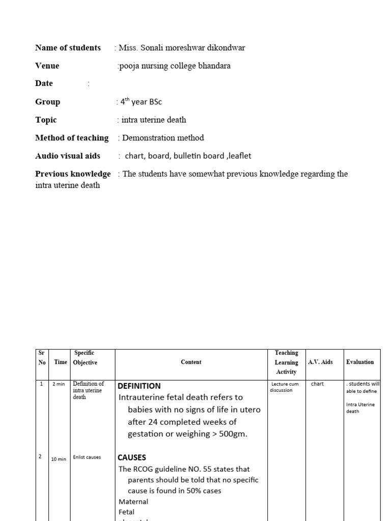 Intra Uterine Death Lession Plan | PDF | Childbirth | Medical Specialties