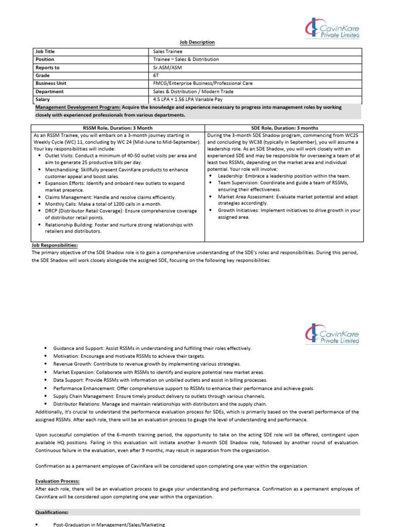 Sales Trainee Job Description - FMCG | PDF | Retail | Business