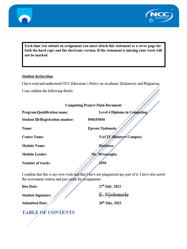 P00193856 - Epreen Njolomole - DB | PDF | Databases | Database Design