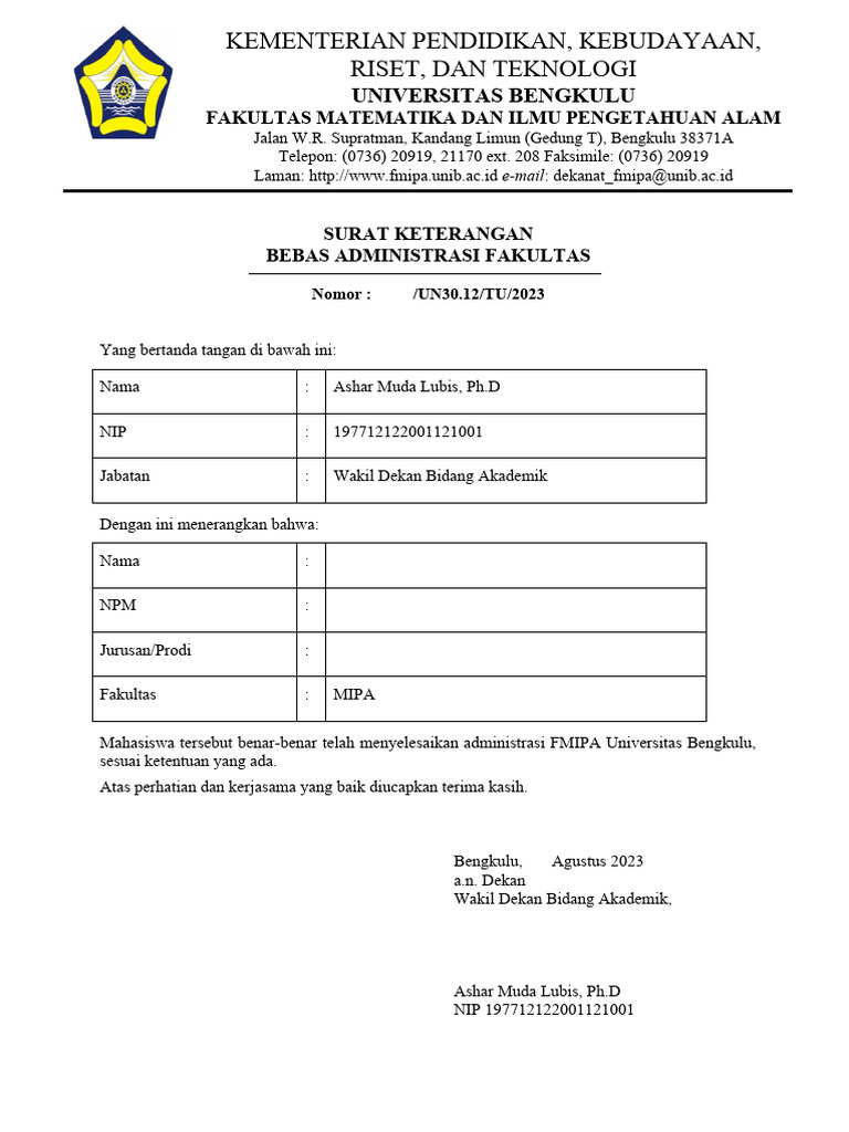 Surat Keterangan Bebas Administrasi FMIPA | PDF