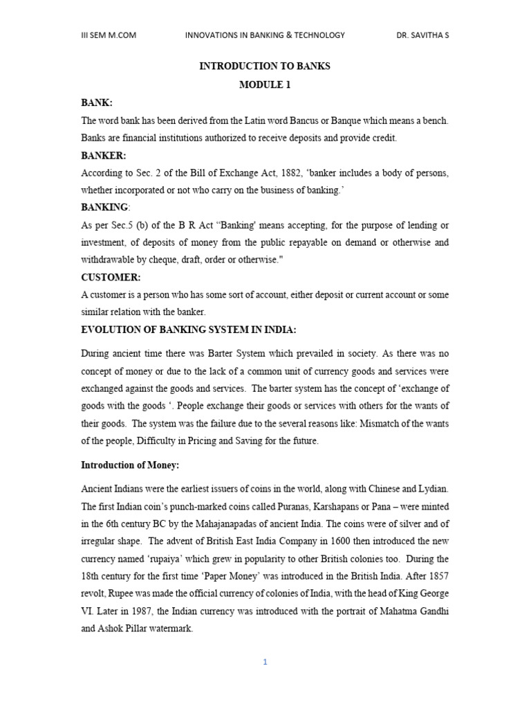 MODULE 1-INTRODUCTION TO BANKS | PDF | Banks | Reserve Bank Of India