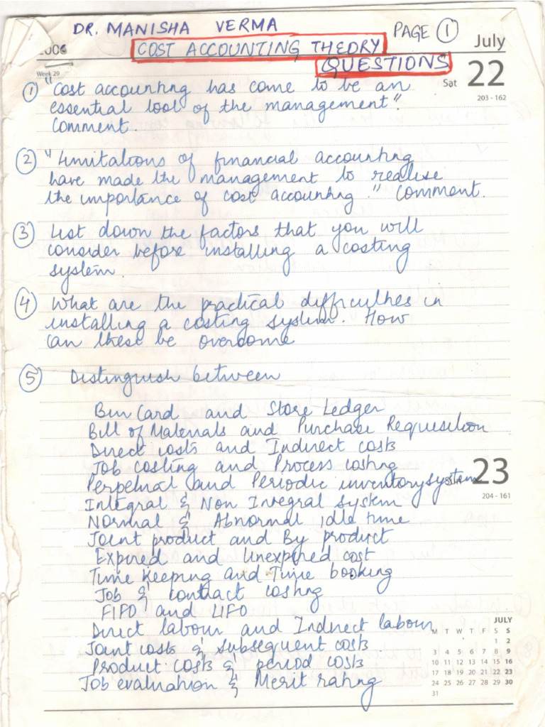 Cost Accounting Theory Questions by DR - Manisha Verma | PDF