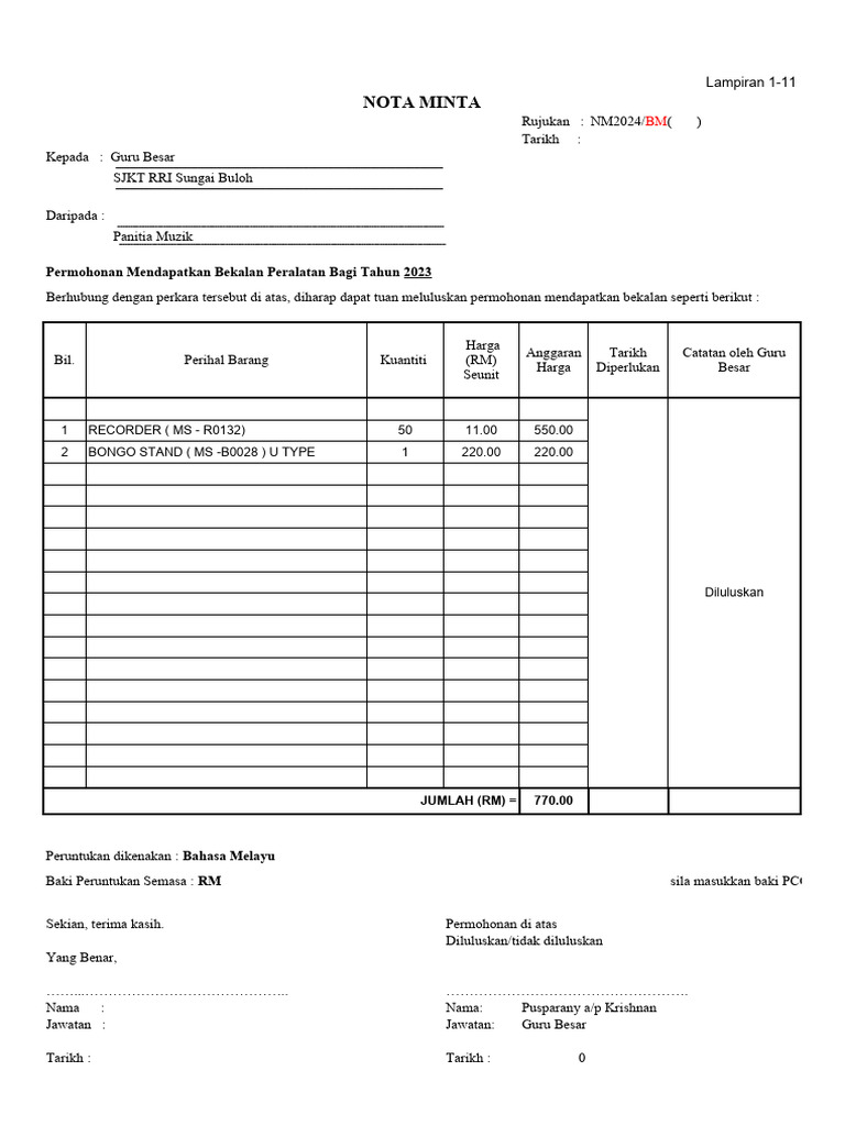 Nota Minta Kosong Muzik | PDF