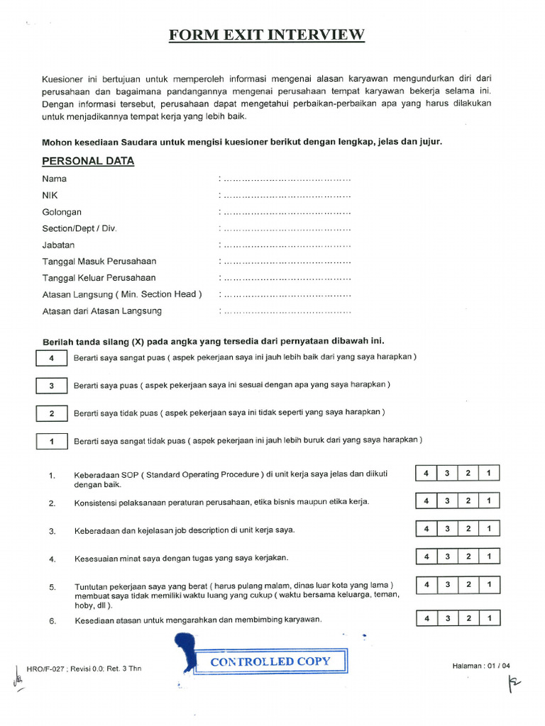 F-027 - HRO Revisi 0.0 Ret. 3 THN - Form Exit Interview | PDF