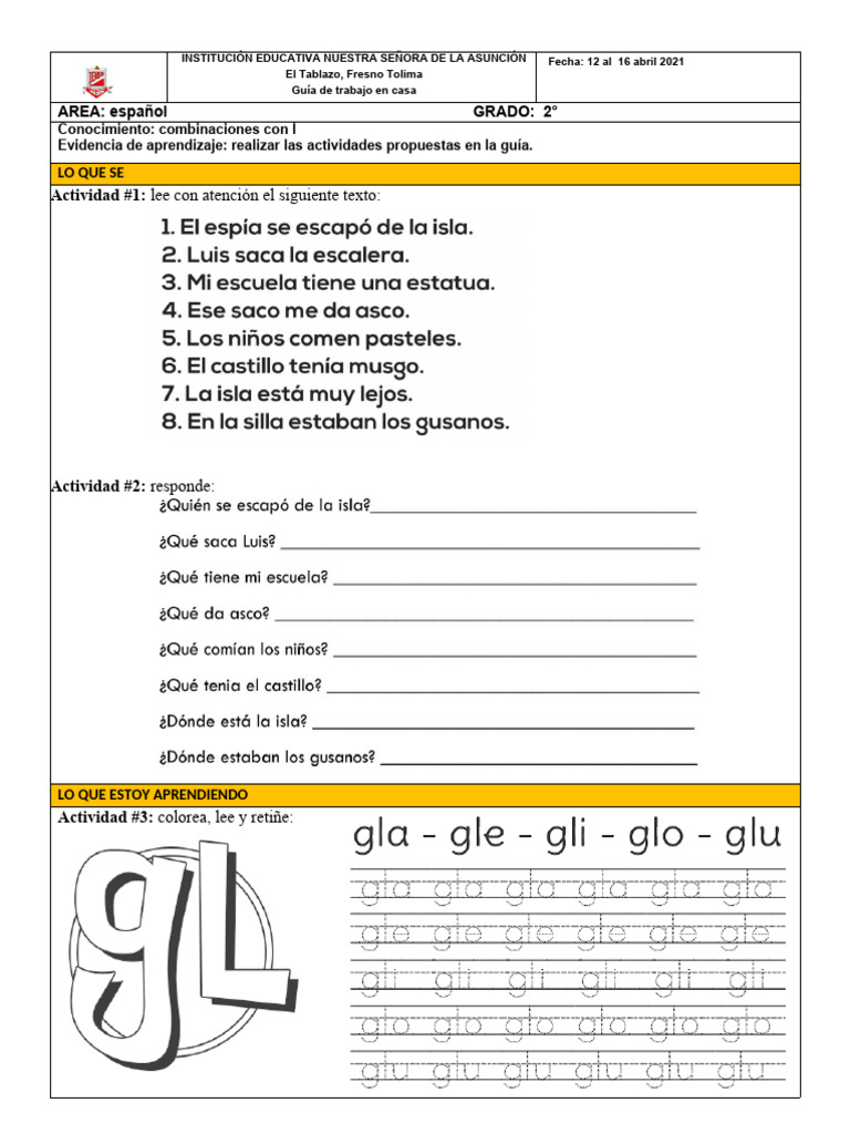 Combinaciones con "gl" en español | PDF