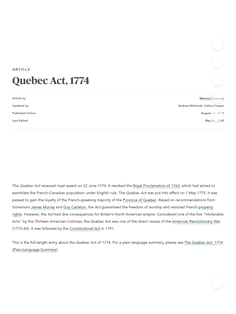 Quebec Act, 1774 - The Canadian Encyclopedia | PDF | Thirteen Colonies ...