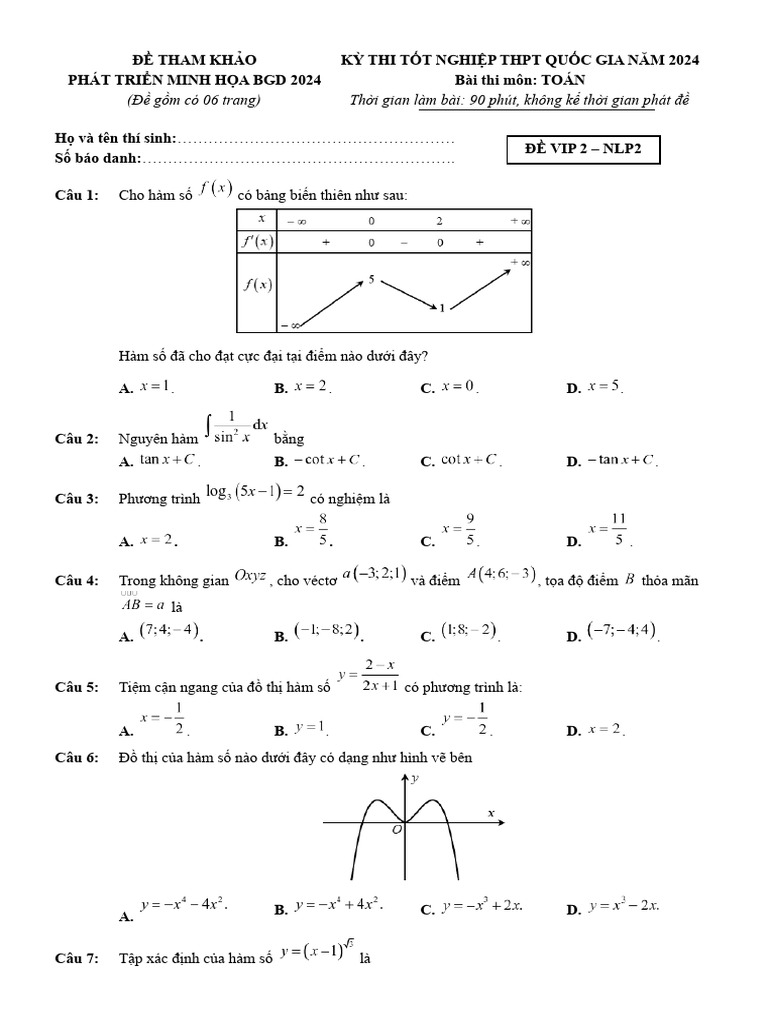 ĐỀ VIP 2 - PHÁT TRIỂN ĐỀ MINH HỌA THAM KHẢO BGD MÔN TOÁN NĂM 2024 (Word+Giải) - gzGhEaaI4Z | PDF