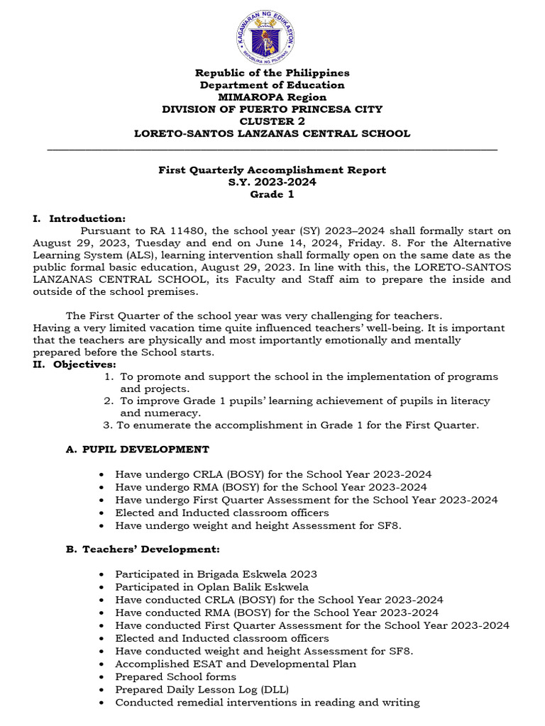 Grade 1 Accomplishment First Quarter | PDF | Teachers | Learning
