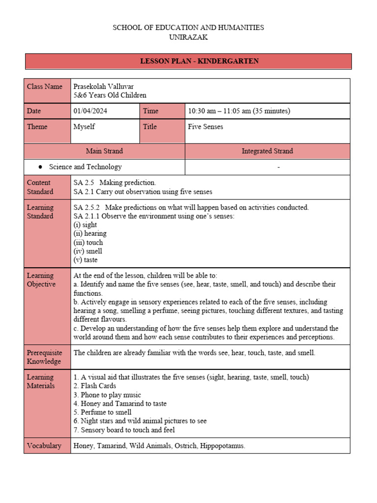 Five Senses Lesson Plan for Kindergarten | PDF | Senses | Perception