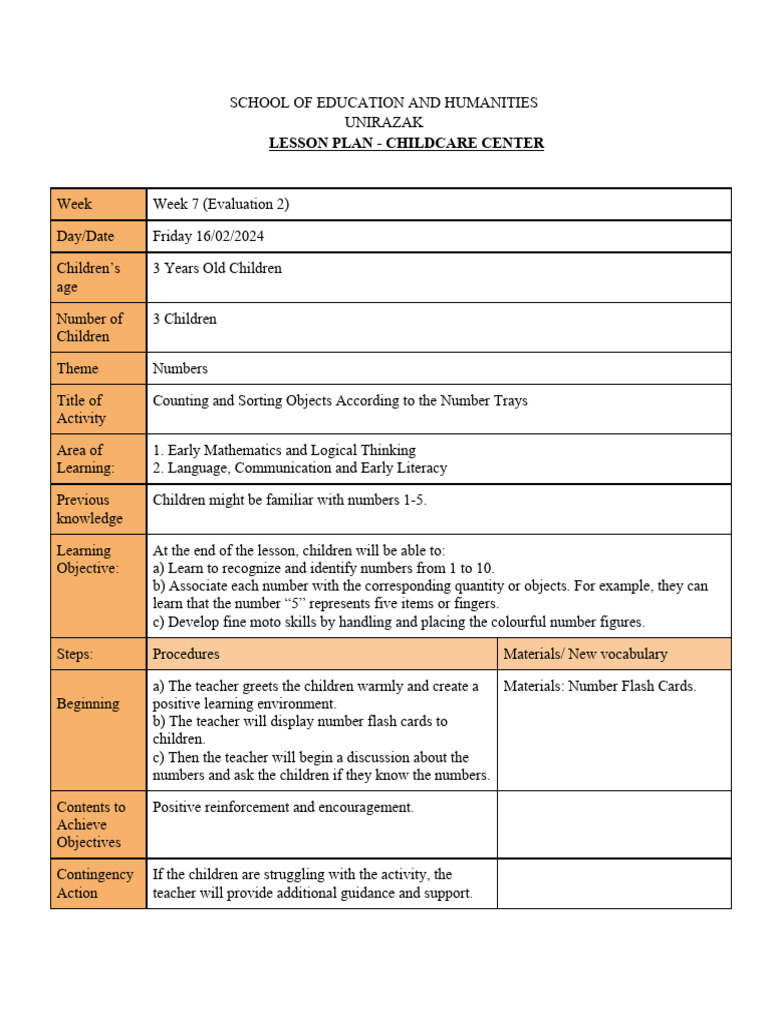 Numbers Lesson Plan for 3-Year-Olds | PDF | Teachers | Lesson Plan