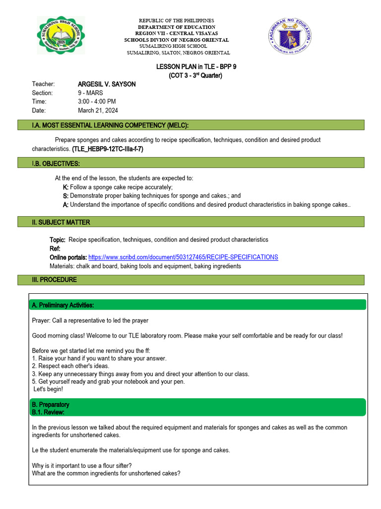 CO 3rd Quarter BPP | PDF | Cakes | Baking