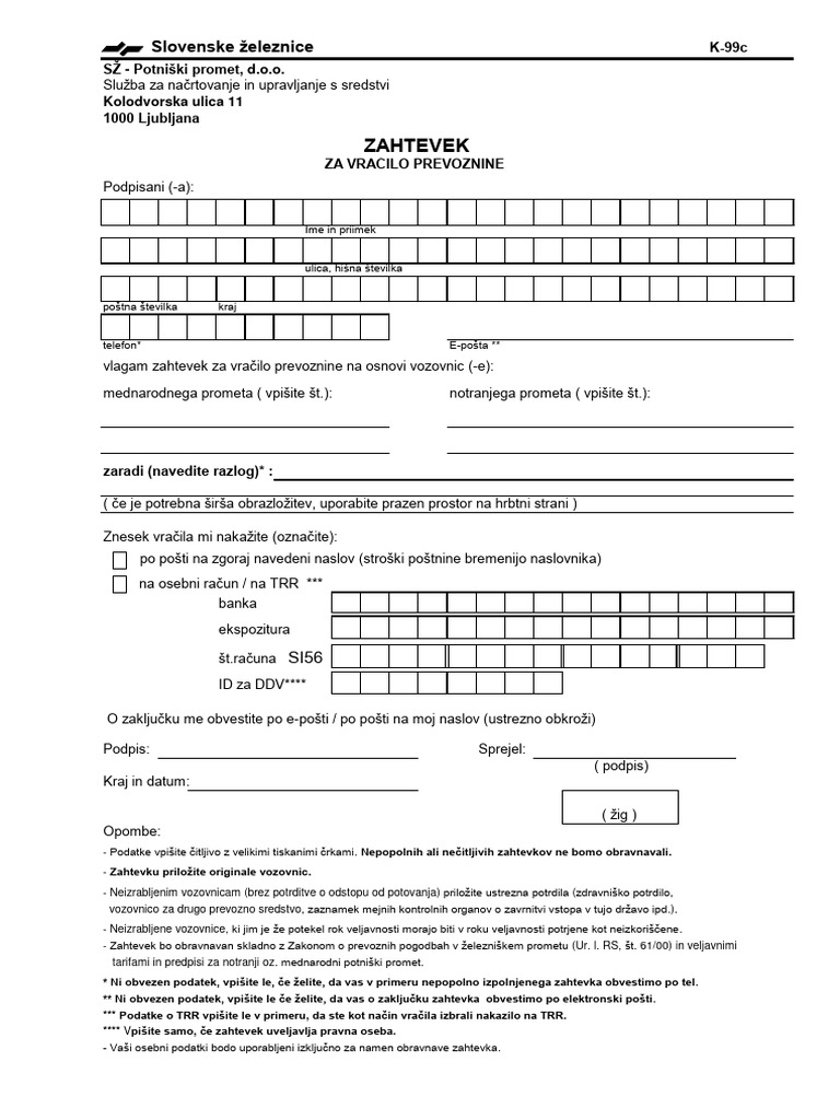 K 99c Zahtevek Za Vracilo Prevoznine 003 | PDF