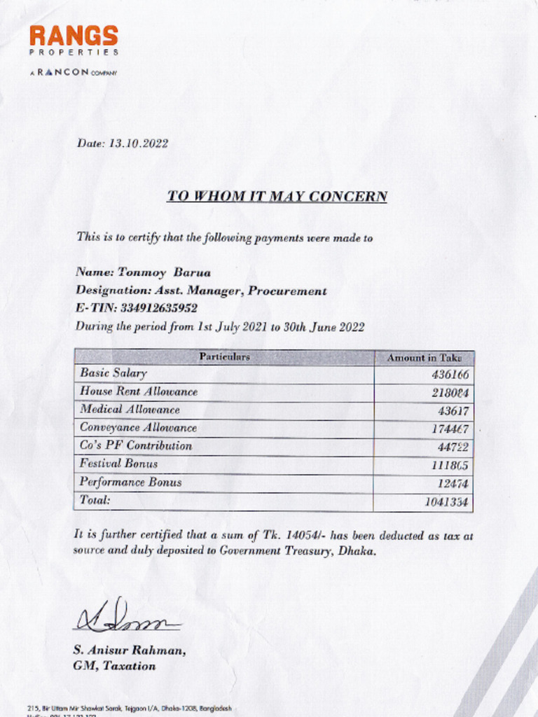 Tonmoy Barua-Salary Certificate-FY 2022-23 | PDF