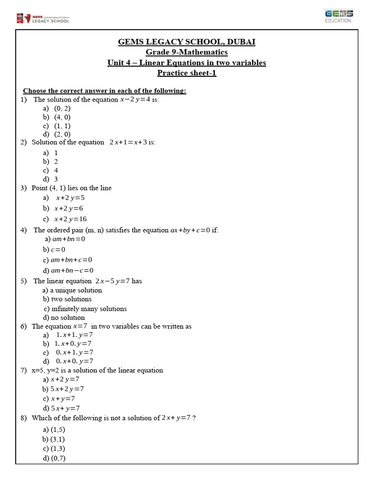 Linear Equation in two variables Practise sheet | PDF | Equations | Applied Mathematics