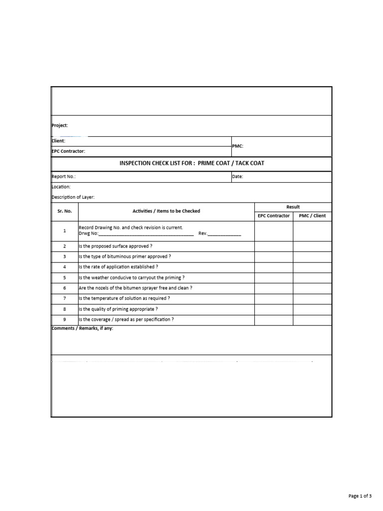 Checklist - PRIME COAT TACK COAT | PDF