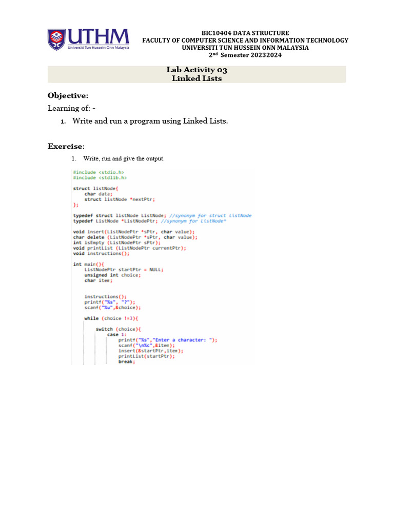 Bic10404lab3 Linkedlist | PDF | Computers