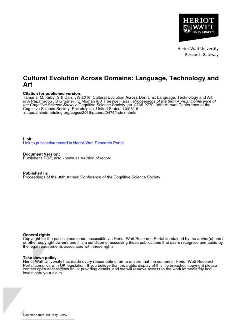 Cultural Evolution Across Domains Language, Technology and Art ...