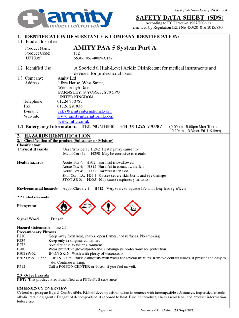 Amity PAA5 Part A Safety Data Sheet | PDF | Occupational Safety And ...