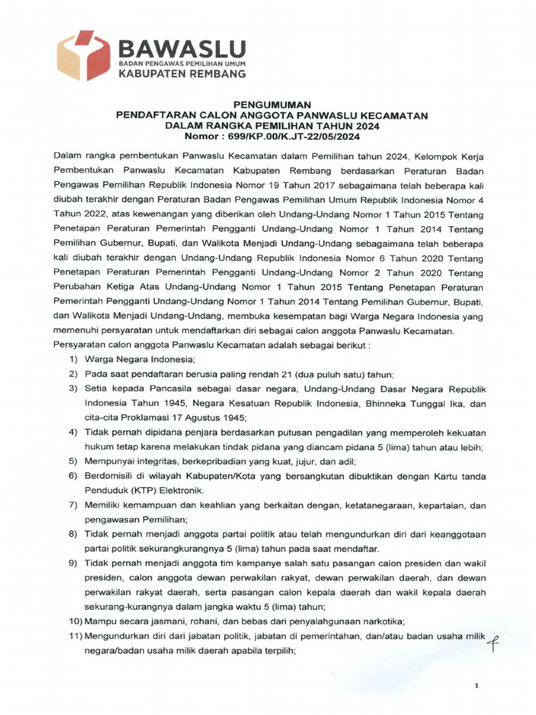 699 Pengumuman Calon Panwascam Baru 2024 | PDF 699 Pengumuman Calon Panwascam Baru 2024 | PDF