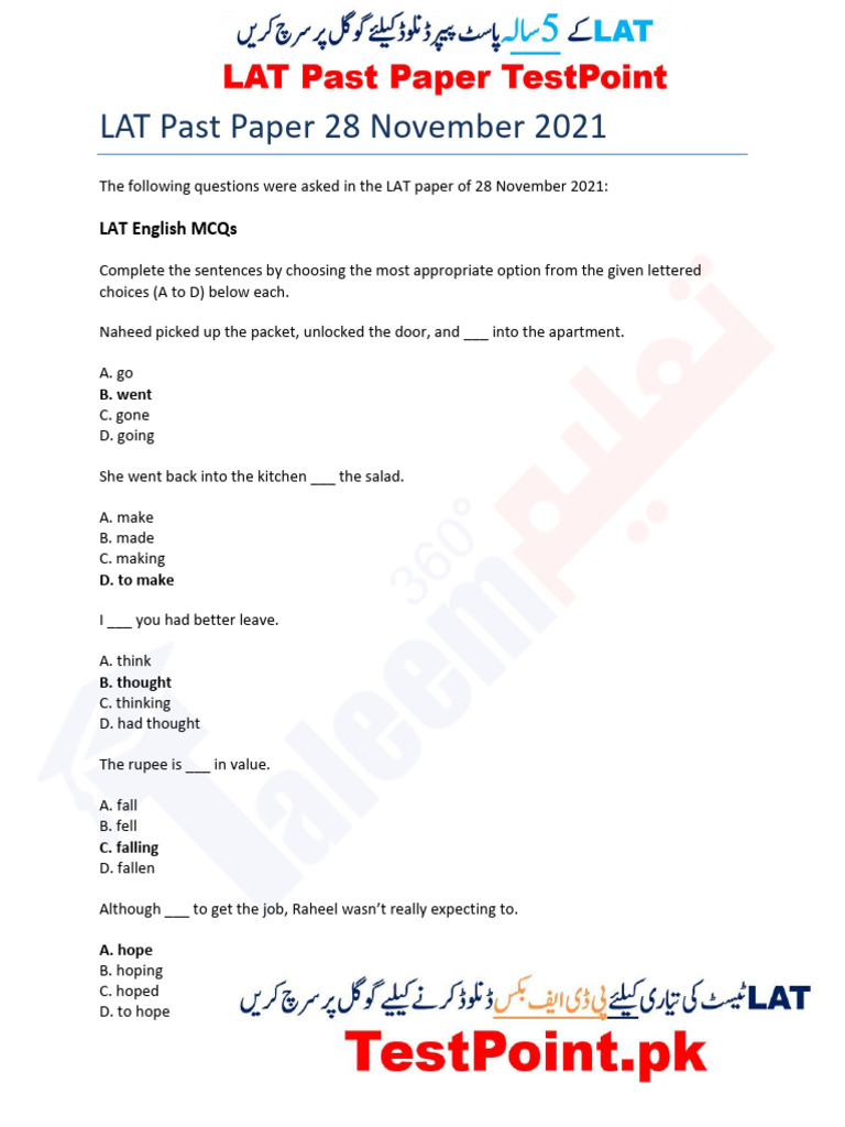 LAT Past Paper 28 November 2021 | Download Free PDF | Pakistan ...