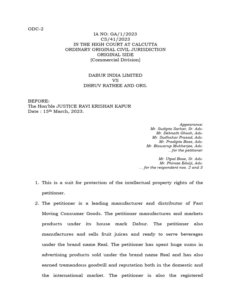 Dabur vs. Dhruv Rathee: IP Rights Case | PDF | Freedom Of Speech | Juice