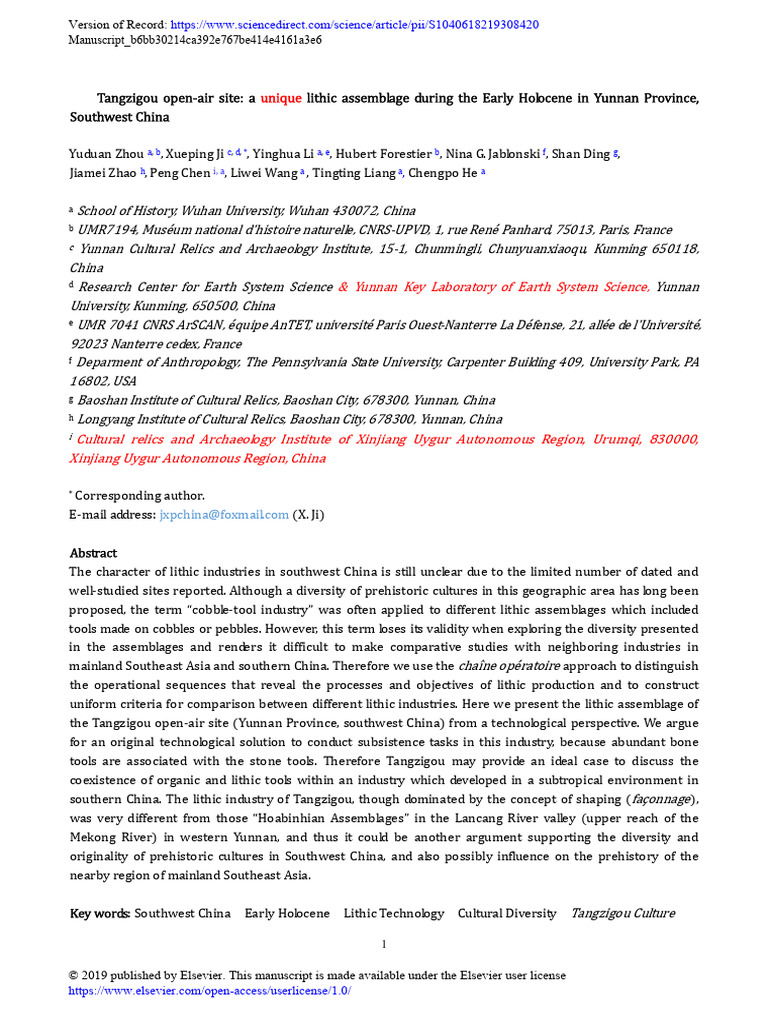2020Tangzigou open-air site A unique lithic assemblage during the Early Holocene in Yunnan ...