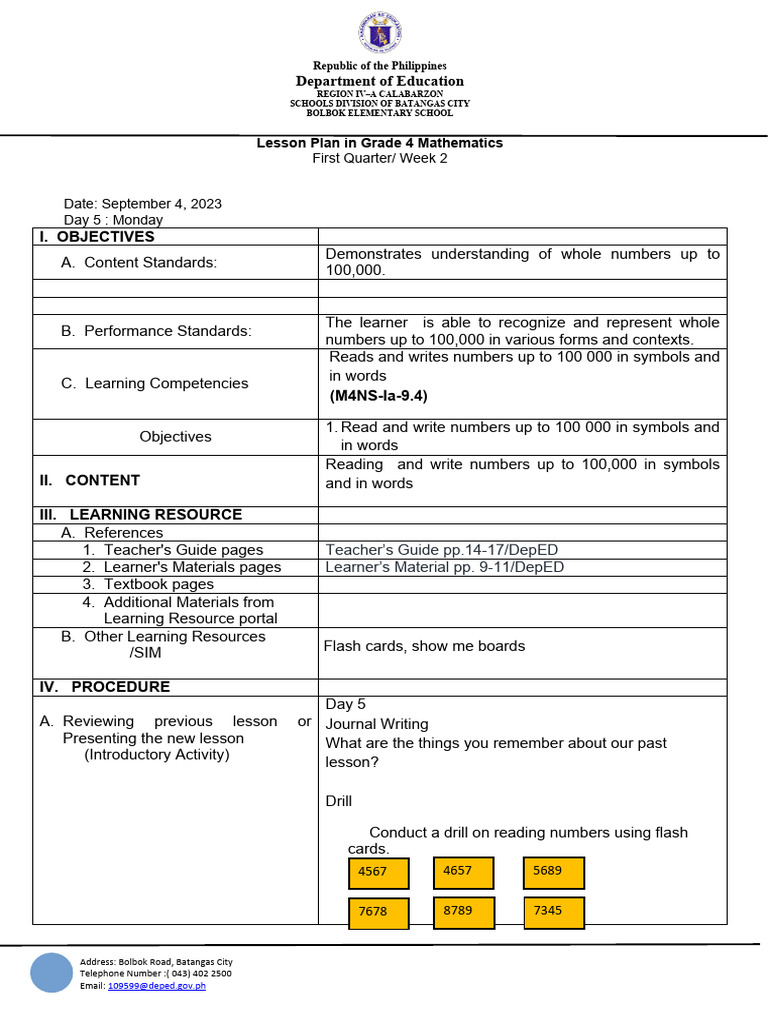 math-4-DLP-Q1-W1 5 | PDF | Learning | Lesson Plan