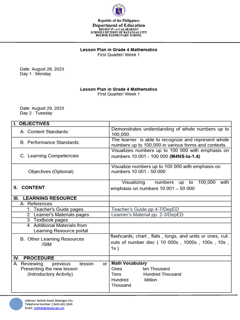 Math 4 DLP Q1 W1 | PDF | Lesson Plan | Human Communication