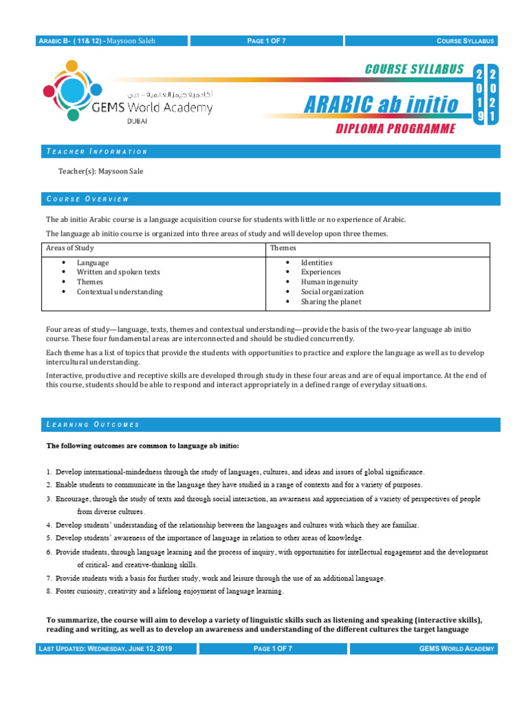 Arabic Ab Initio Course Syllabus | PDF | Reading Comprehension | Creativity