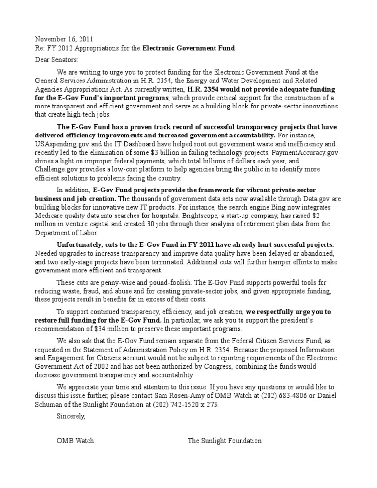 Letter to Senate on E-Gov Fund 2011-11-16 | Sunlight Foundation | E ...