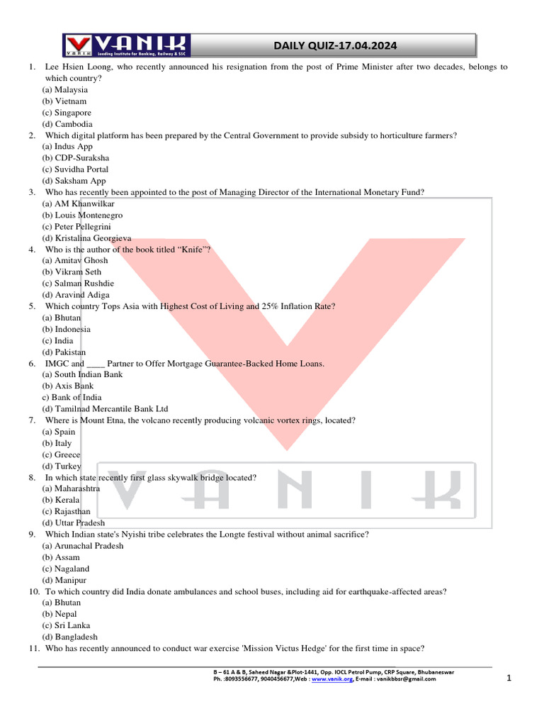 Daily Quiz 17.04.2024: Current Affairs | PDF | Cost Of Living
