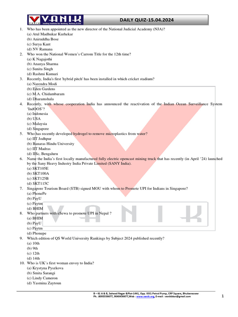 Daily Quiz-15.04.2024 | PDF | Cricket