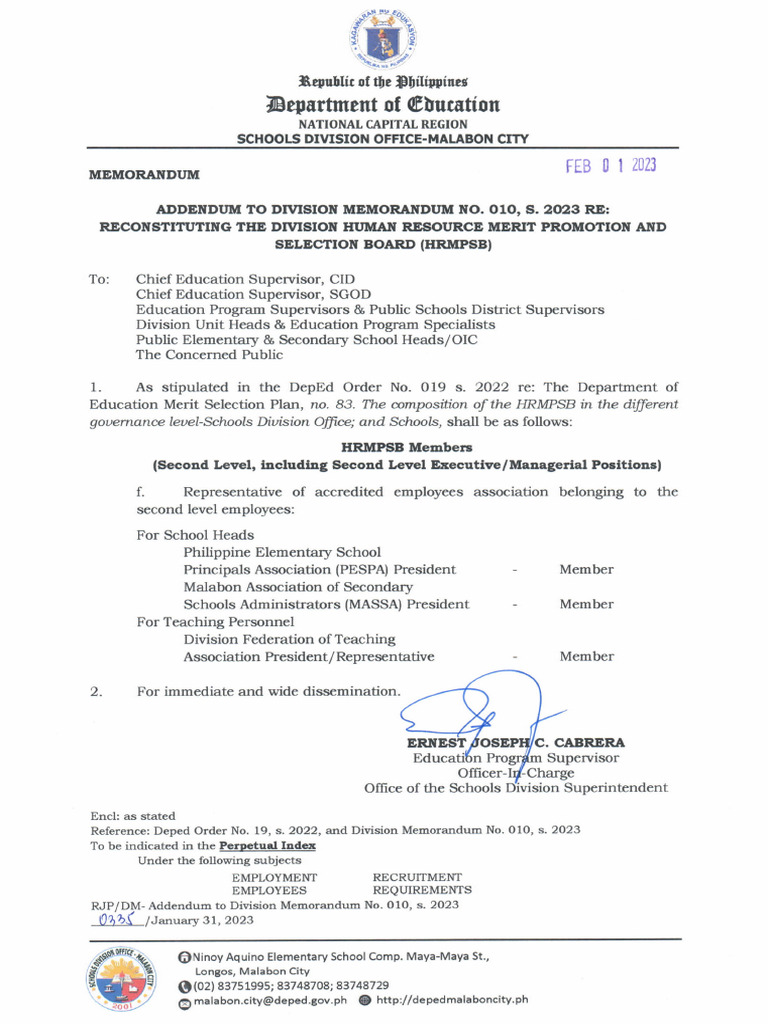 Um-02!01!23 Addendum to Division Memorandum No. 010 s. 2023 Re ...