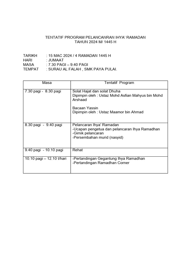 Ajk Pelancaran Ihya Ramadhan 2024 | PDF