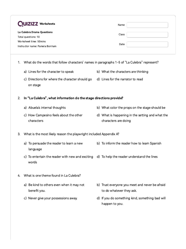La Culebra Drama Questions - Quizizz | PDF | Linguistics