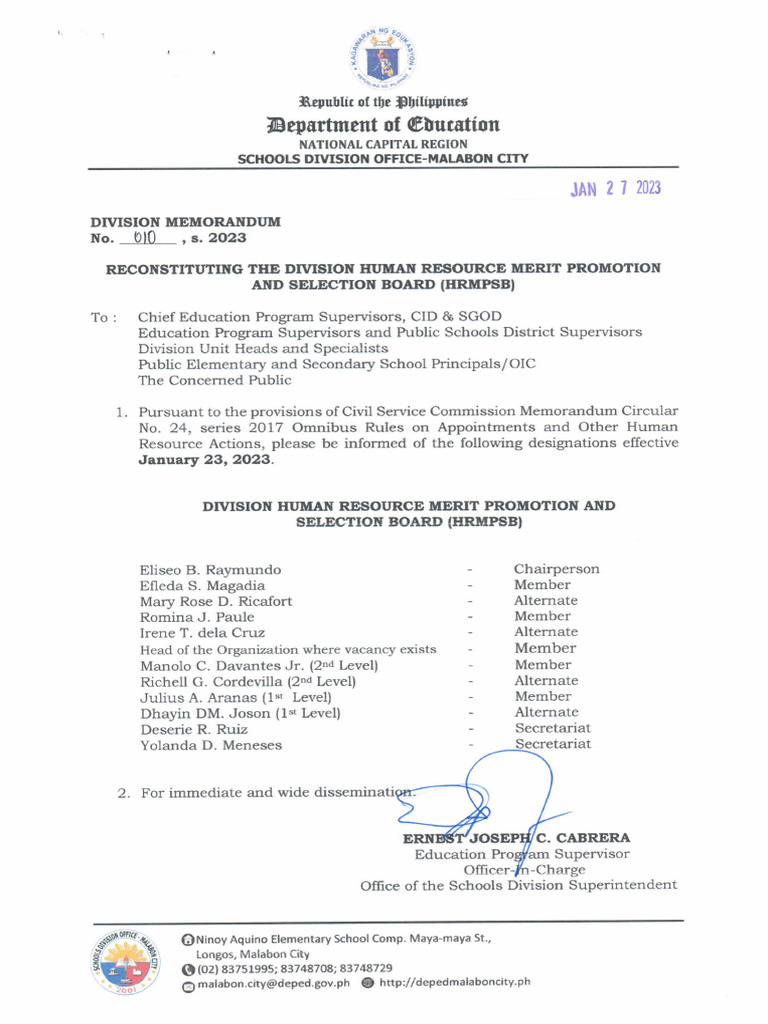 NM-23-010 RECONSTITUTING THE DIVISION HUMAN RESOURCE MERIT PROMOTION ...