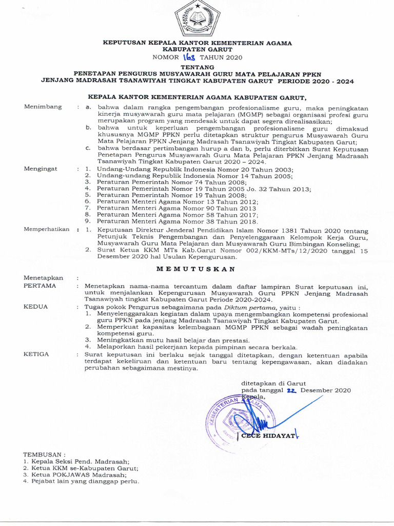 SK MGMP PPKN MTs Kabupaten Garut 2020-2024 | PDF