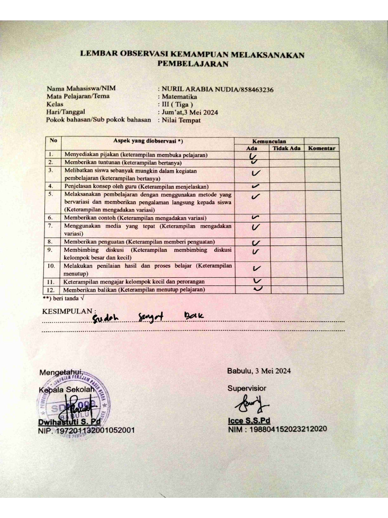 Lembar Observasi 5 Nuril Arabia Nudia | PDF