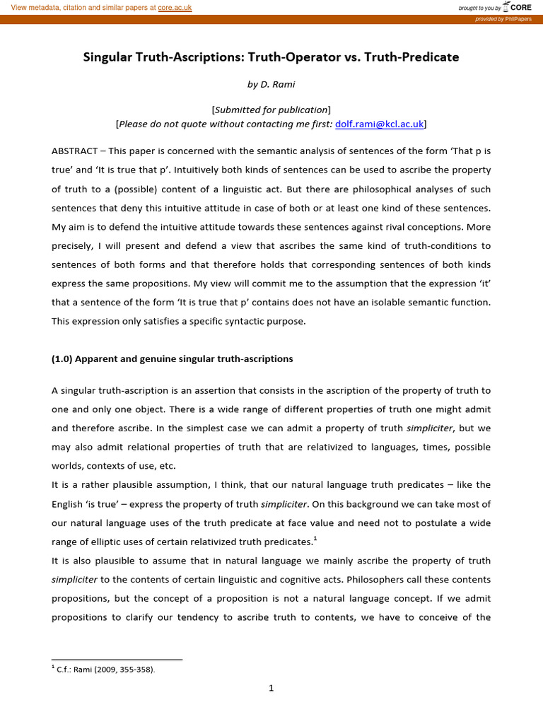 Singular Truth Ascriptions Truth Operato | PDF | Truth | Proposition