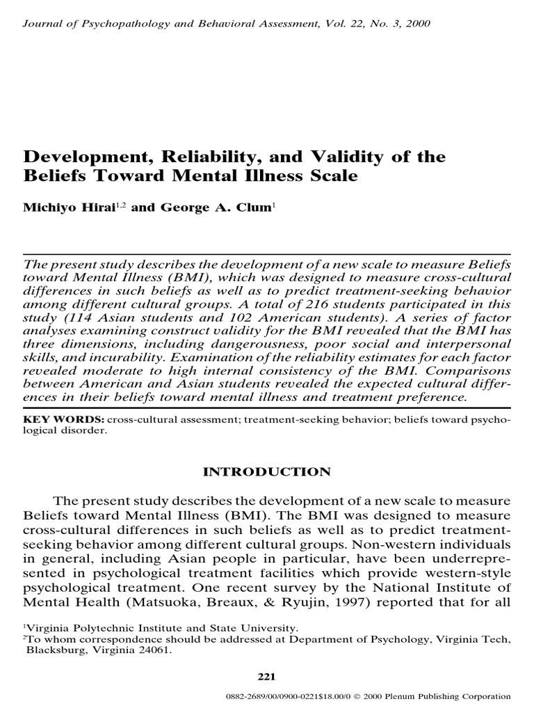 Development, Reliability, and Validity of The Beliefs Toward Mental ...