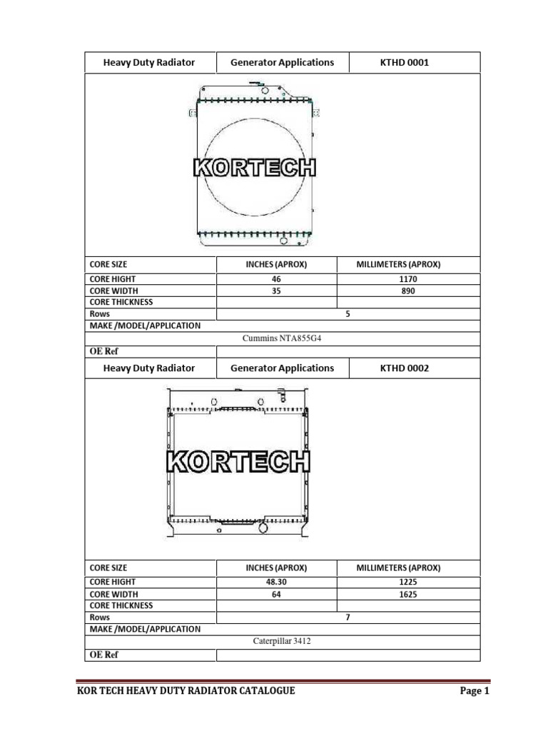 KOR TECH Heavy Duty Radiator Catalog | PDF | Rotating Machines | Engines