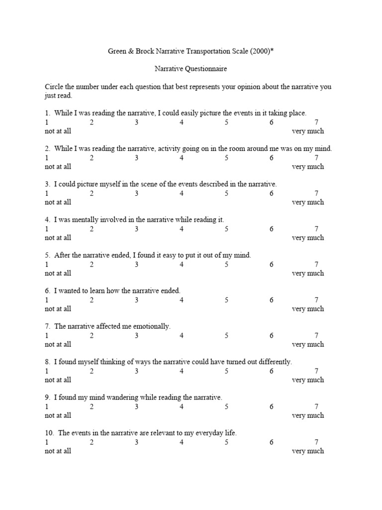 Narrative Transportation Scale Questionnaire | PDF | Narrative | Mind